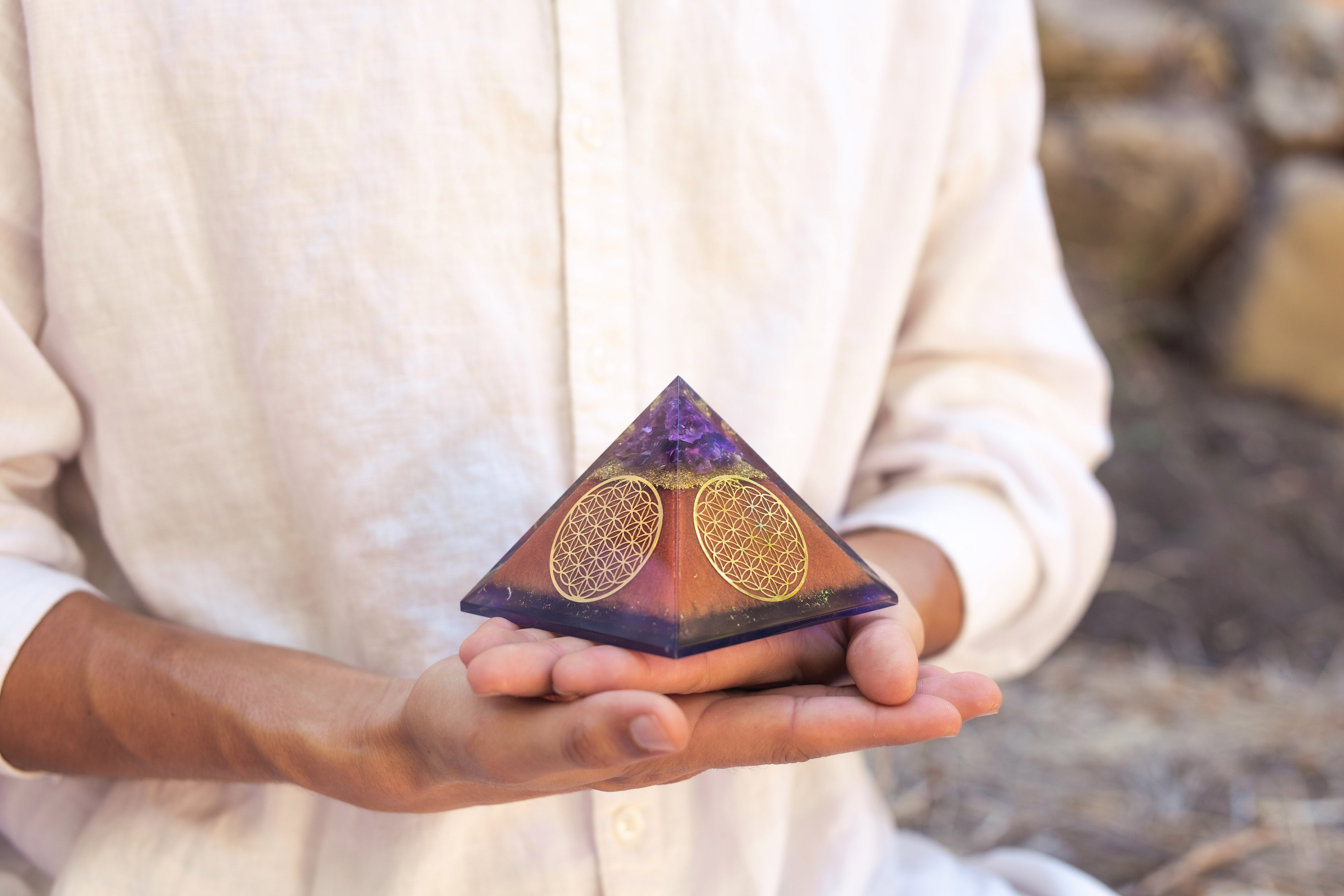 Flower of Life Copper Orgone Pyramid with Amethyst (Authentic- REAL ...